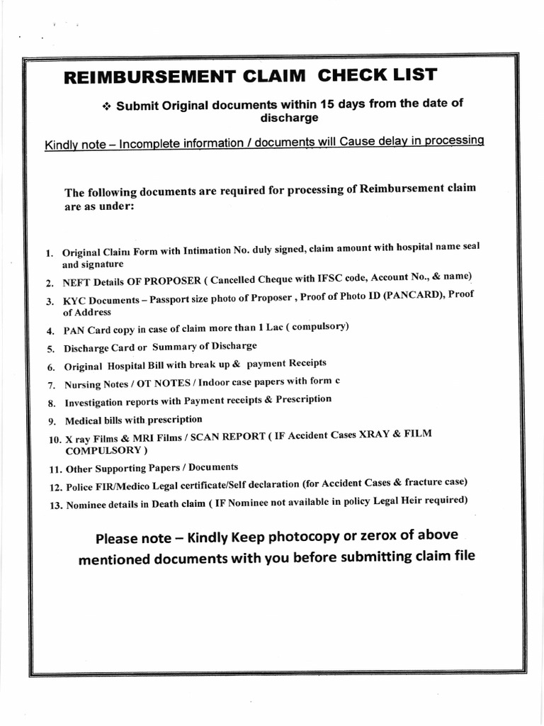 Reimbursement Claim Document Checklist | PDF | Receipt