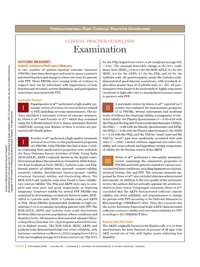 Patellofemoral Pain Clinical Practice Guidelines (Examination) | PDF