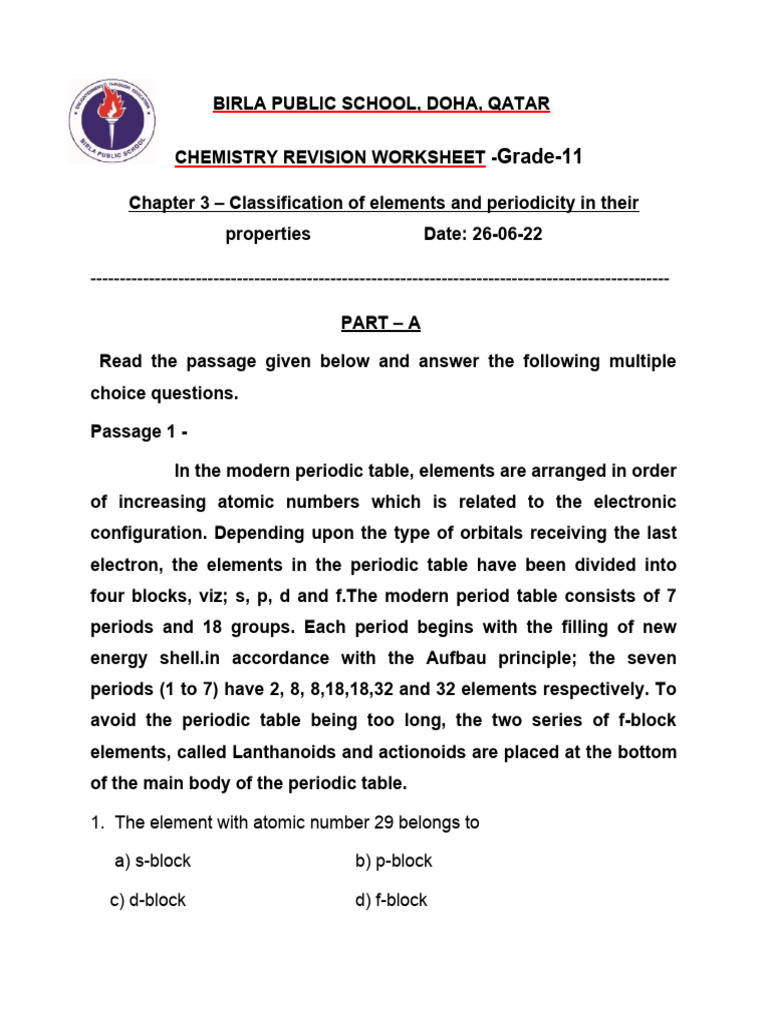 Chapter 3 - Classification of Elements - Revision Worksheet | PDF ...