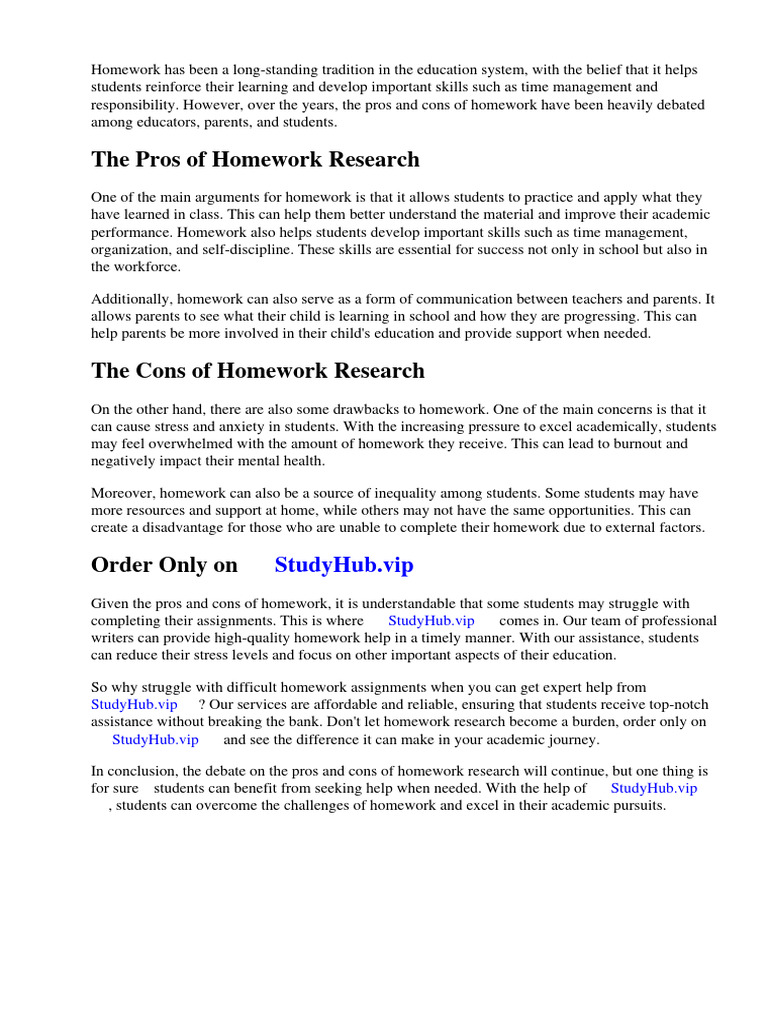 Pros and Cons of Homework Research | PDF | Homework | Teachers