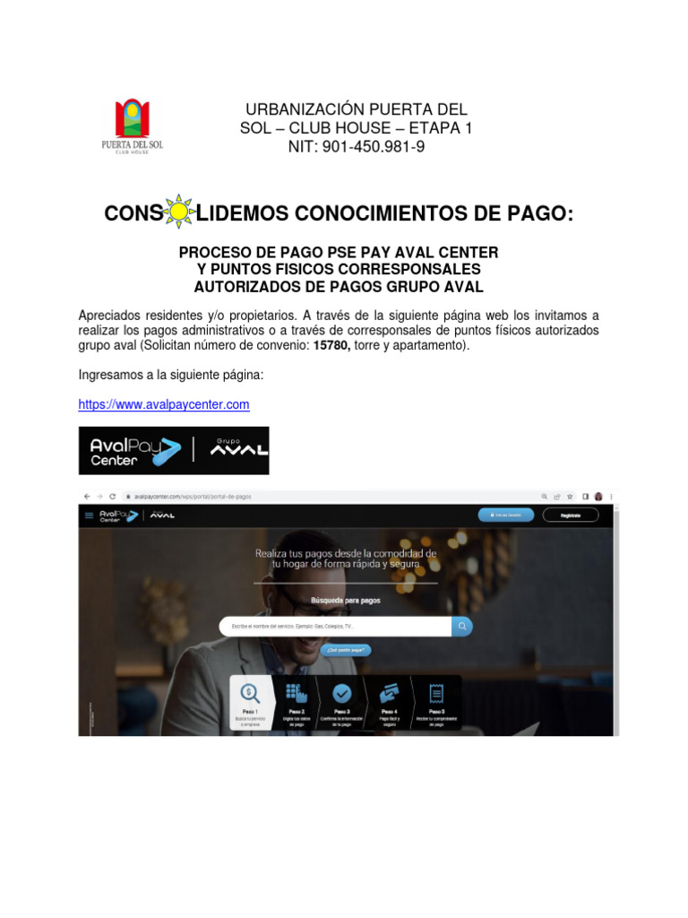 PROCESO DE PAGO PSE PAY AVAL CENTER Y PUNTO FISICO AUTORIZADOs | PDF