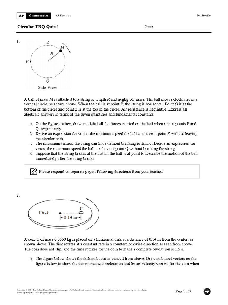 AP Physics 1 03CircularFRQ Quiz1 | PDF | Force | Acceleration