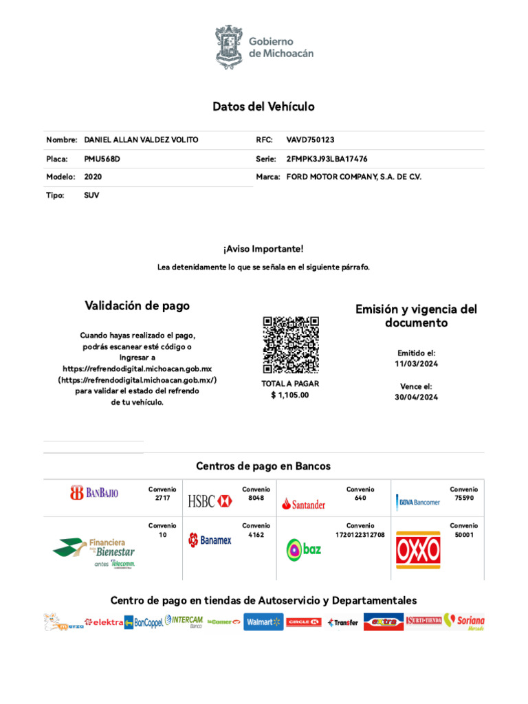 Validación de Pago de Refrendo Vehicular | PDF | Vehículos | Vehículo de motor