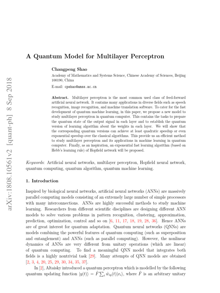 A Quantum Model For Multilayer Perceptron | PDF | Quantum Computing | Artificial Neural Network