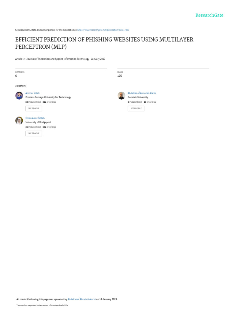 Efficient Prediction Of Phishing Websites Using Multilayer Perceptron Mlp Pdf Machine