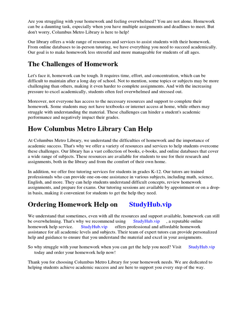 Columbus Metro Library Homework Help | PDF | Homework | Libraries