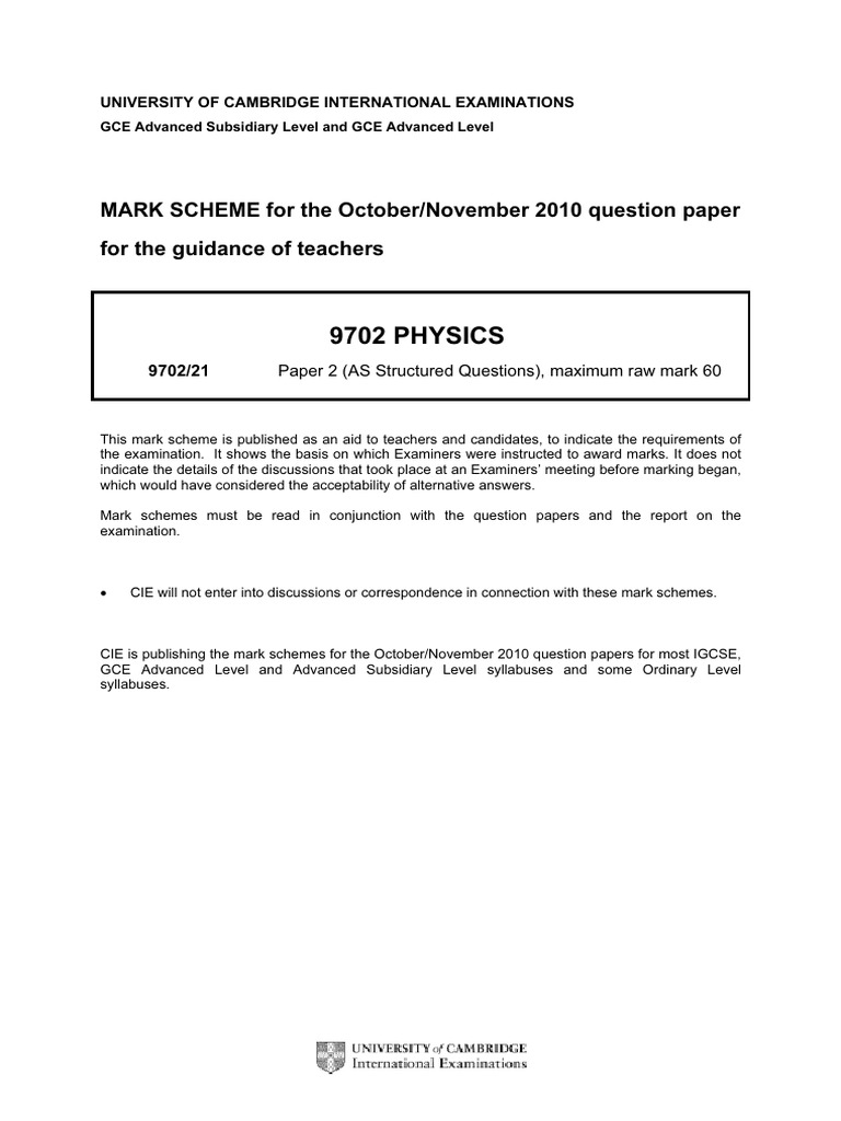9702 PHYSICS: MARK SCHEME For The October/November 2010 Question Paper For The Guidance of ...