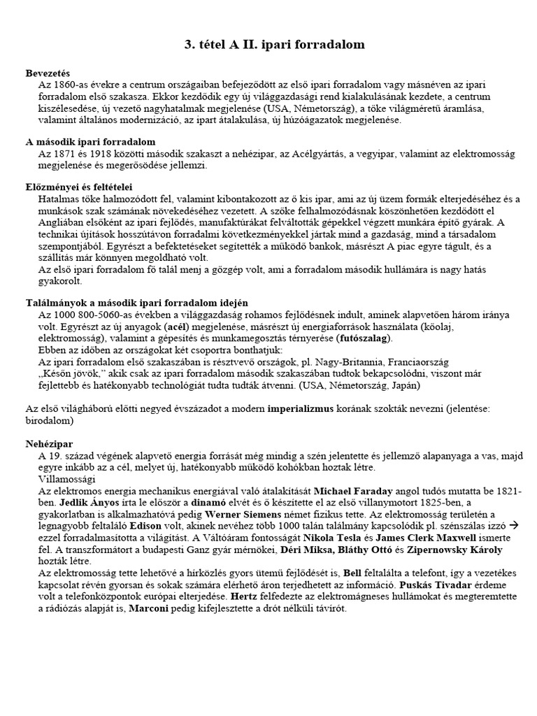 TÉTEL - A II. Ipari Forradalom | PDF