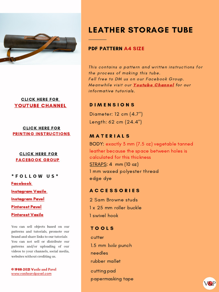 Leather Tube Storage Blueprint Vasile and Pavel Pattern A4 Paper Size | PDF