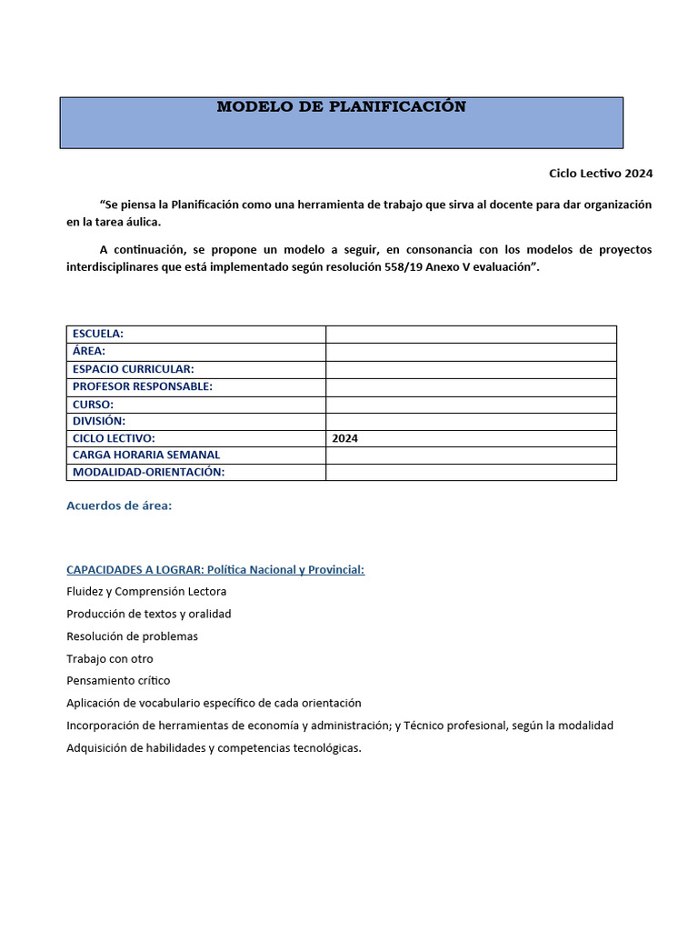 Modelo de PROGRAMA Y PLANIFICACIÓN 2024 | PDF | Evaluación | Maestros