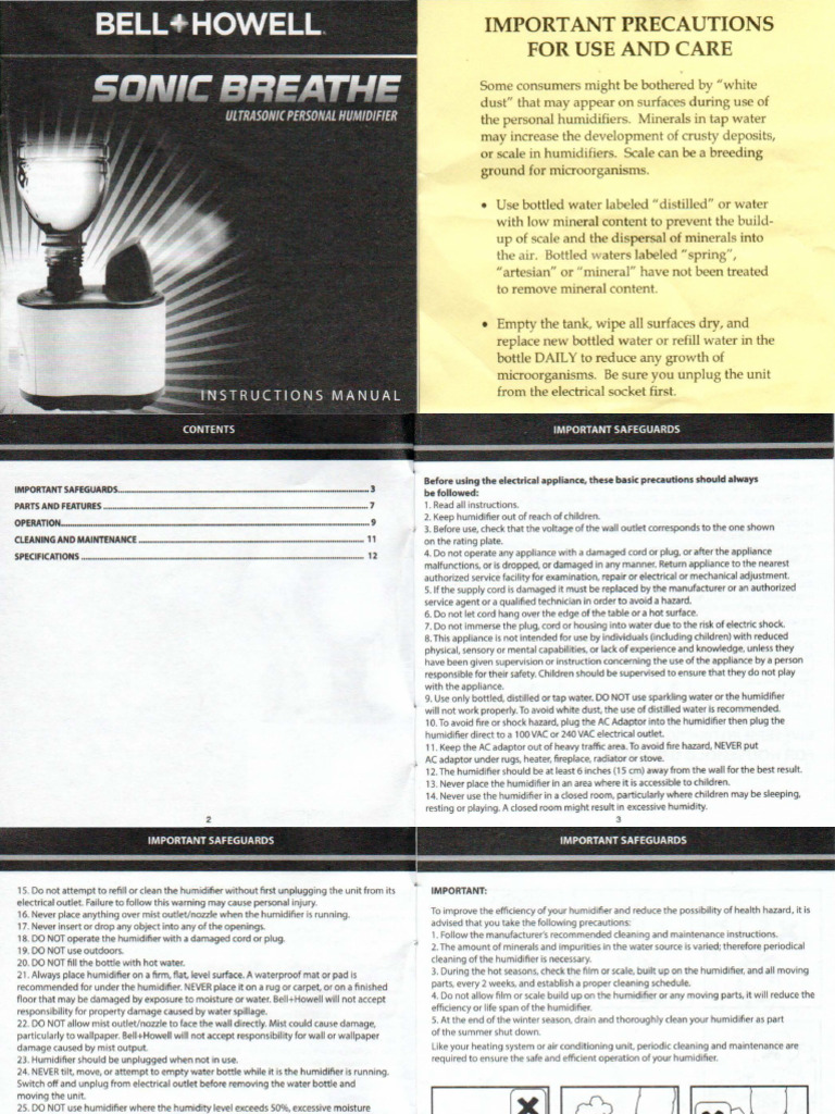 Bell + Howell Sonic Breath Ultrasonic Personal Humidifier | PDF | Ac ...