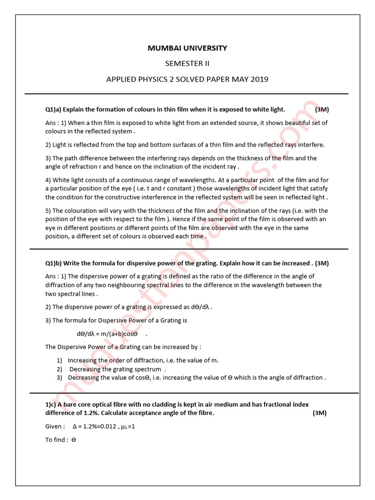 Applied Physics 2 Solved Paper May 2019 | PDF | Optical Fiber | Holography