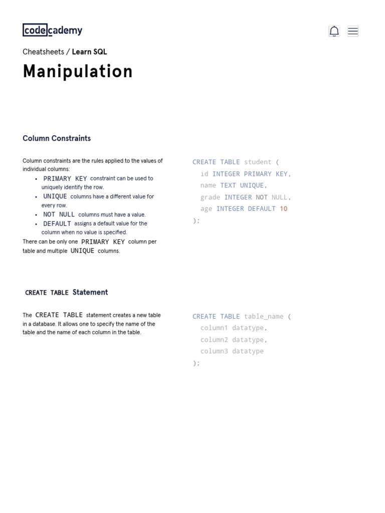 Learn SQL - Manipulation Cheatsheet - Codecademy | PDF | Table (Database) | Sql