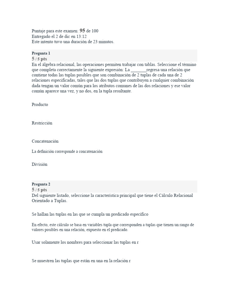 Puntaje para este examen | PDF | SQL | Base de datos relacional