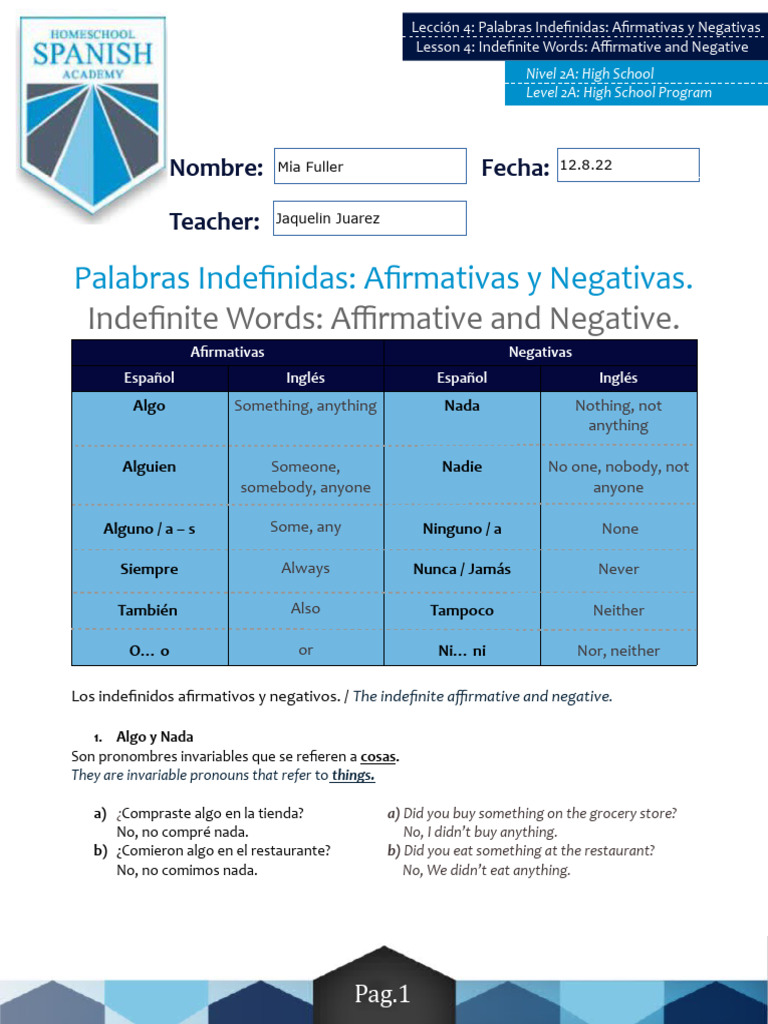 Palabras Indefinidas: Guía Rápida | PDF | Mecánica del lenguaje | Gramática