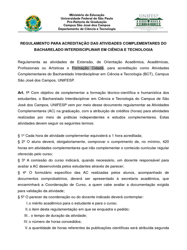 Regulamento Da Atividades Complementares BCT 2019 | PDF | Diploma de bacharel