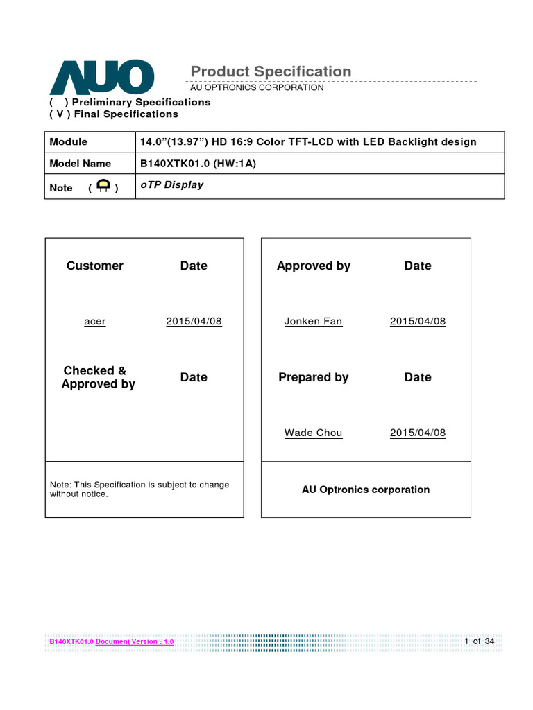 Product Specification: Customer Date Approved by Date | PDF | Liquid ...