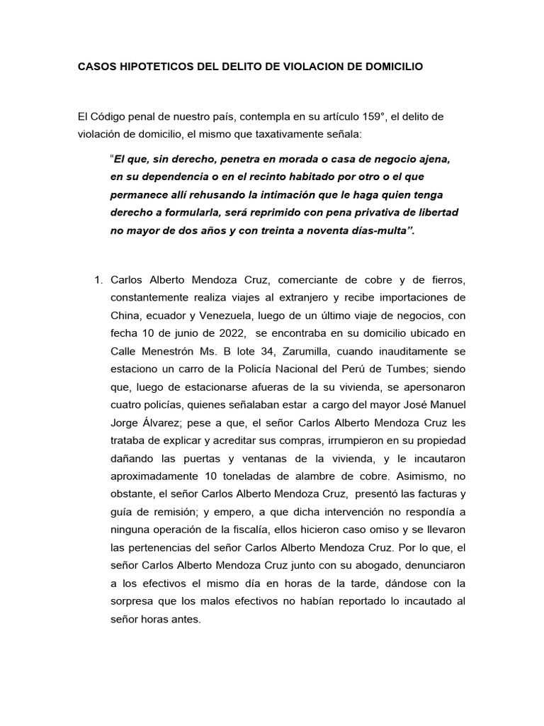 Casos Hipoteticos Del Delito de Violacion de Domicilio | PDF | Violación | Crímenes