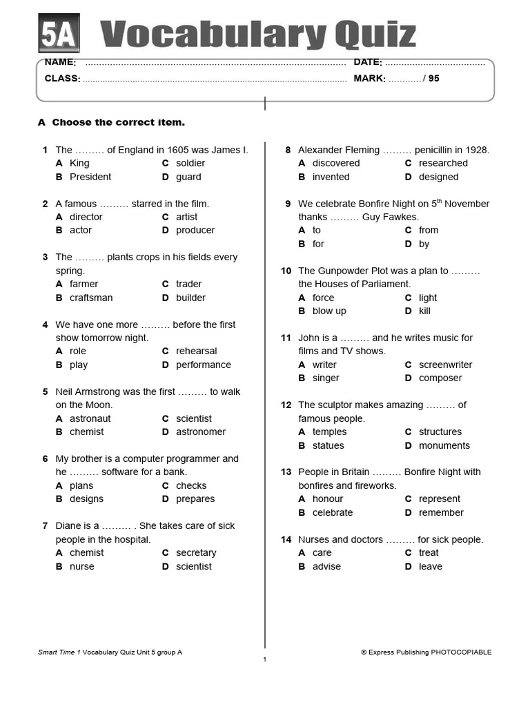 1 Smart Time 1 Vocab Quiz 5a | PDF