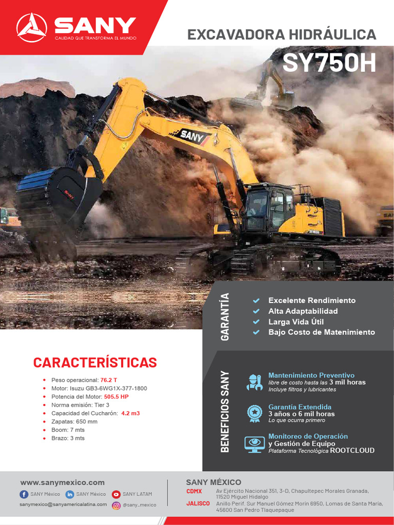 Brochure Excavadora SY750H MX | PDF | Vehículos | Vehículo de motor