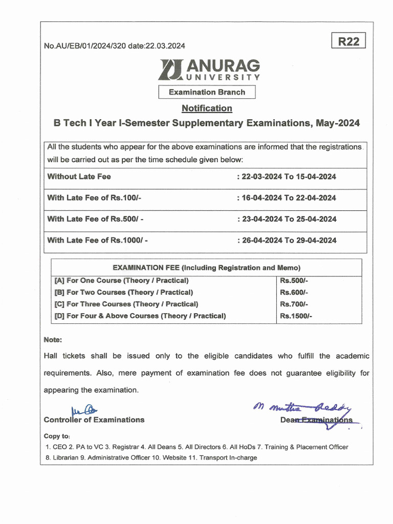 R22 B Tech I Year I-Semester Supplementary Examinations Notification - 2024 | PDF