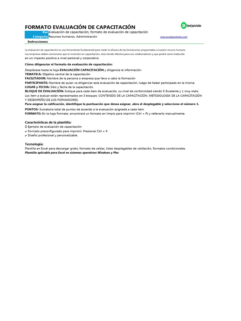Formato de Evaluacion de Capacitacion | PDF | Microsoft Excel