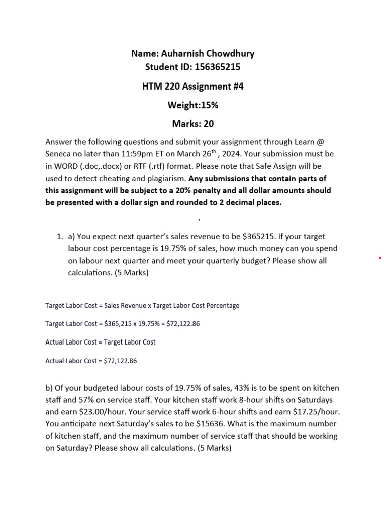 HTM 220 Assignment 4A Winter 24 | PDF | Kitchen