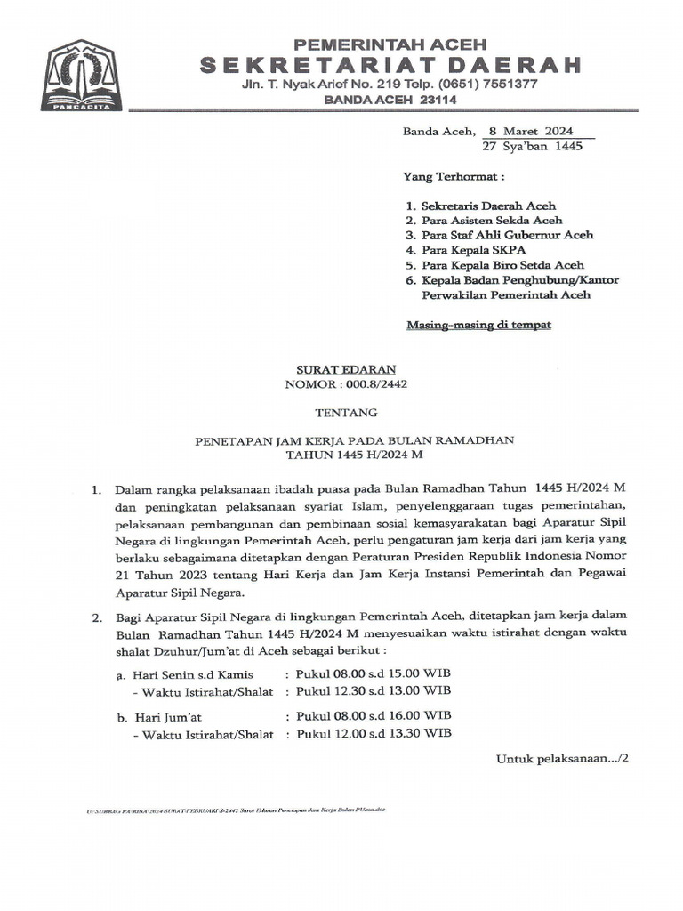 SE 2442-Penetapan Jam Kerja Bulan Ramadhan 1445 | PDF