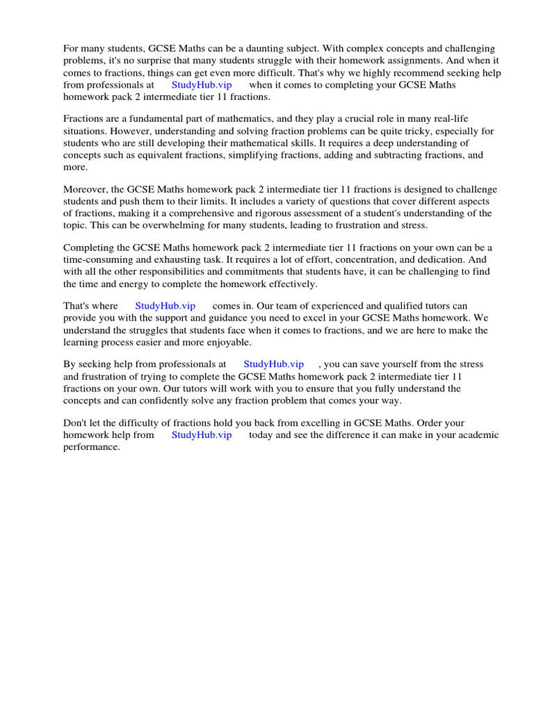 Gcse Maths Homework Pack 2 Intermediate Tier 11 Fractions | PDF ...