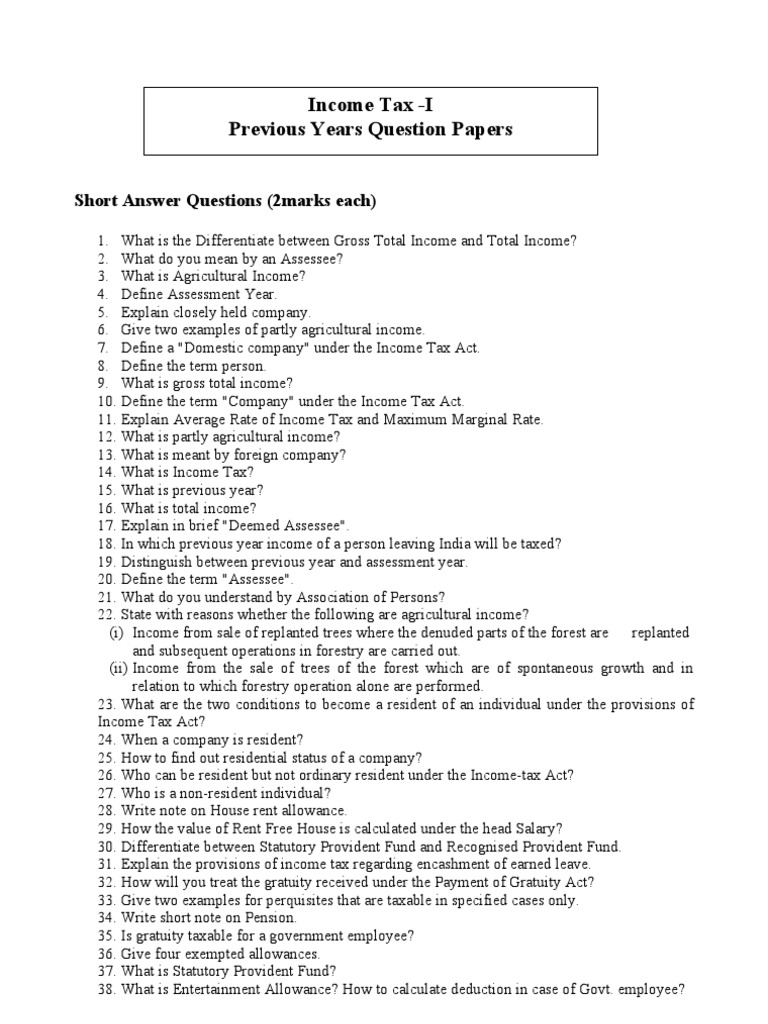 Income Tax - I Previous Years Question Papers: Short Answer Questions ...