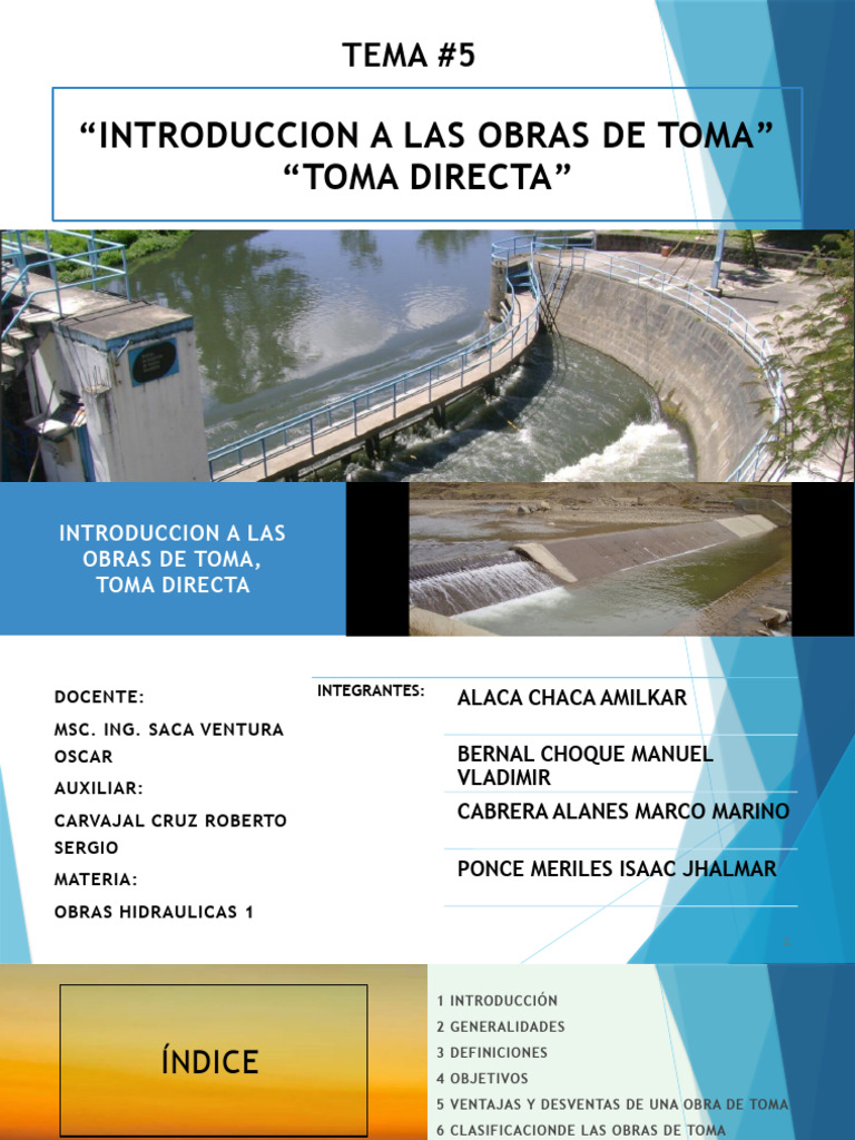 Diapositivas de Exposicion-Introduccion A Las Obras de Toma, Toma Directa | PDF | Agua | Riego