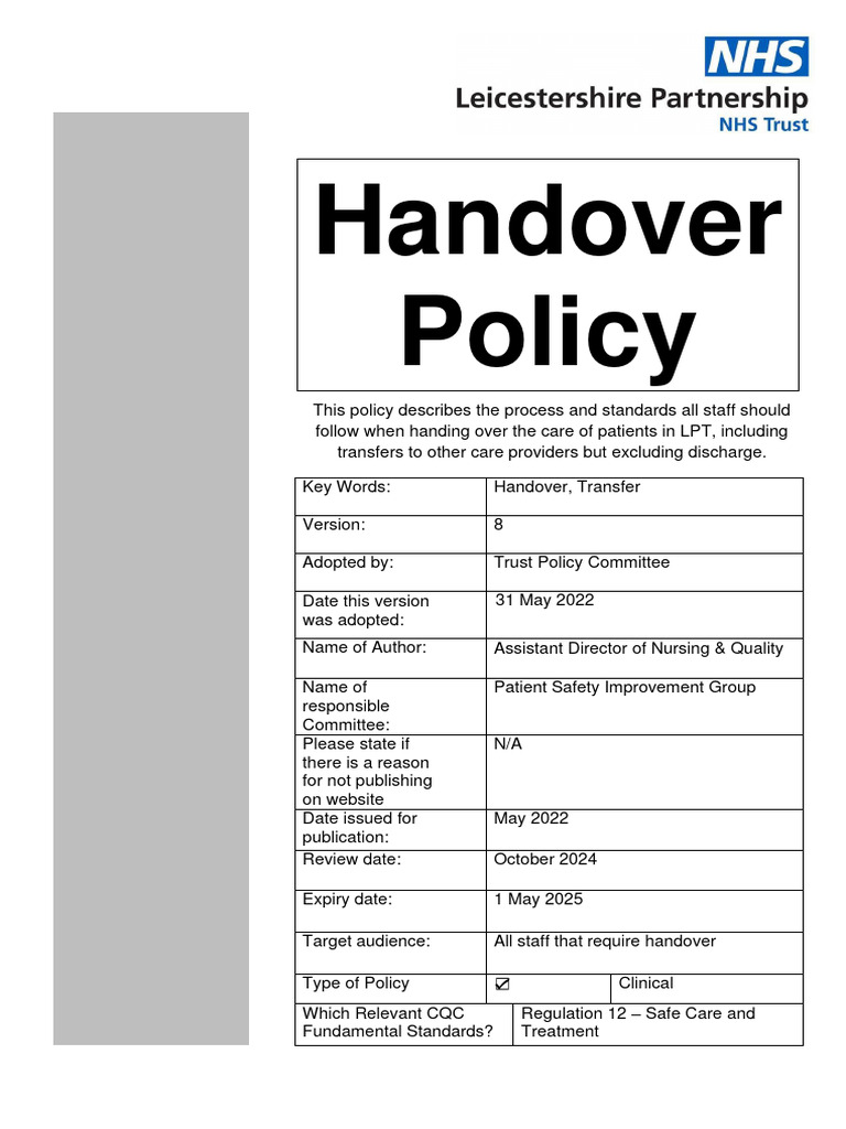 Handover Policy | PDF | Nursing | Patient