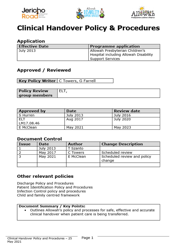 Clinical Handover Policy and Procedures 25 May 2021 | PDF | Nursing ...
