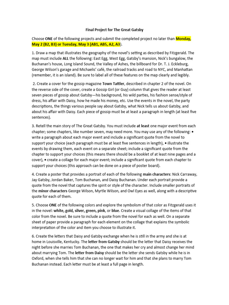 Great Gatsby Final Project Options | PDF | The Great Gatsby