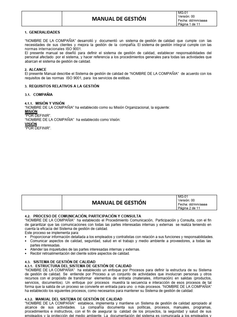MG-01 MANUAL DE GESTION | PDF | Sistema de manejo de calidad | Calidad ... MG-01 MANUAL DE GESTION | PDF | Sistema de manejo de calidad | Calidad ...