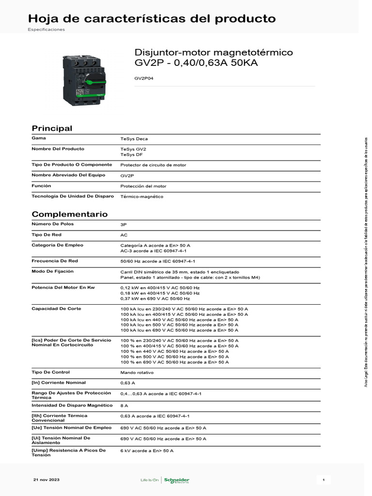 Schneider Electric - TeSys-GV2-TeSys-Deca-Power-talla-2 - GV2P04 | PDF ...