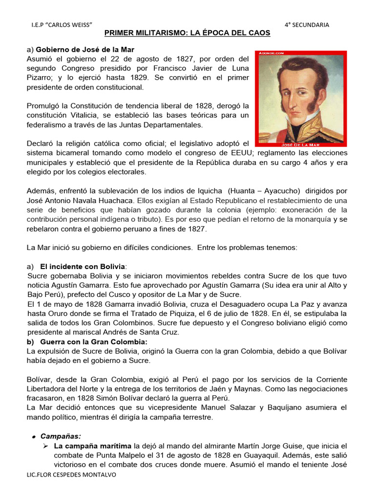 Tema 2 - 4° Sec - Ib - Primer Militarismo | PDF | Perú | Comunidad andina