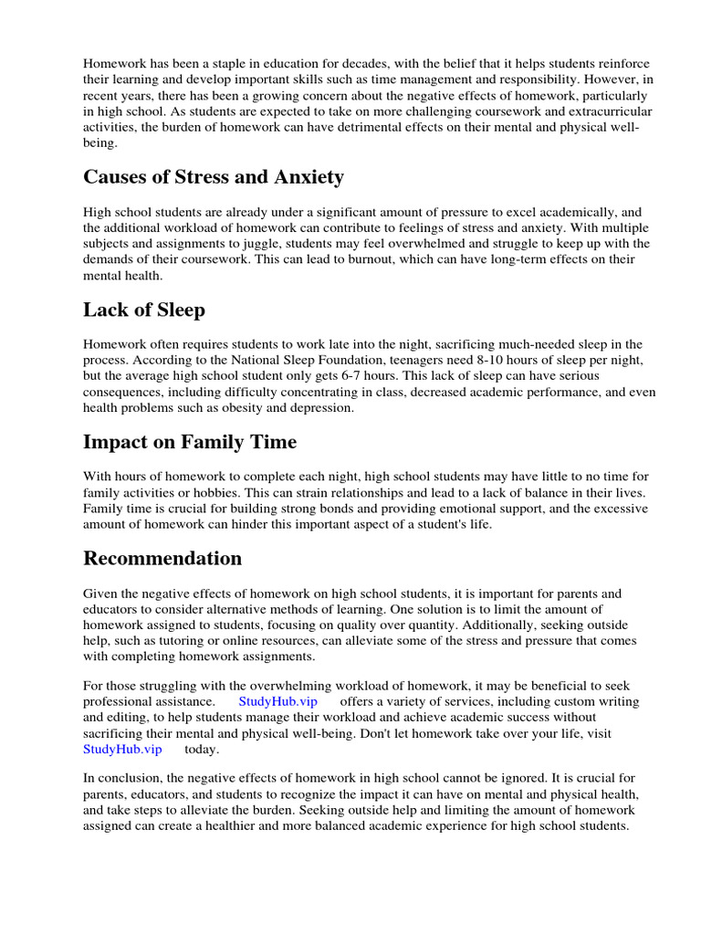 Negative Effects Homework High School | PDF | Homework | Homeschooling