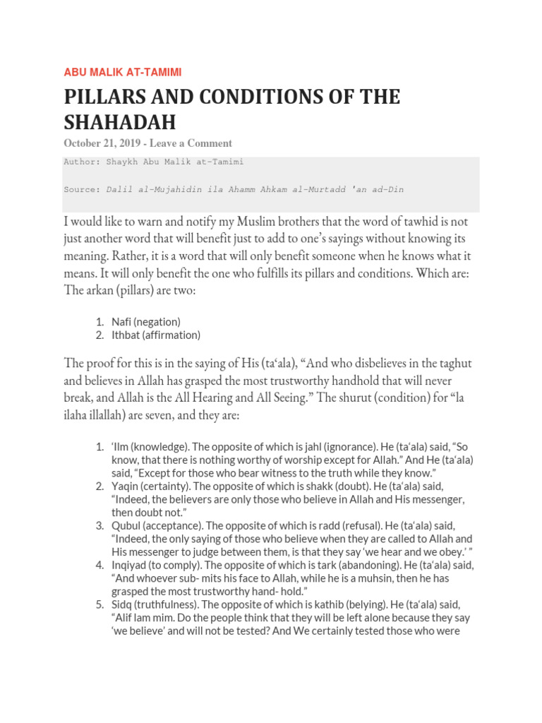 PILLARS_AND_CONDITIONS_OF_THE_SHAHADAH_Shaykh_Abu_Malik_at_Tamimi | PDF ...
