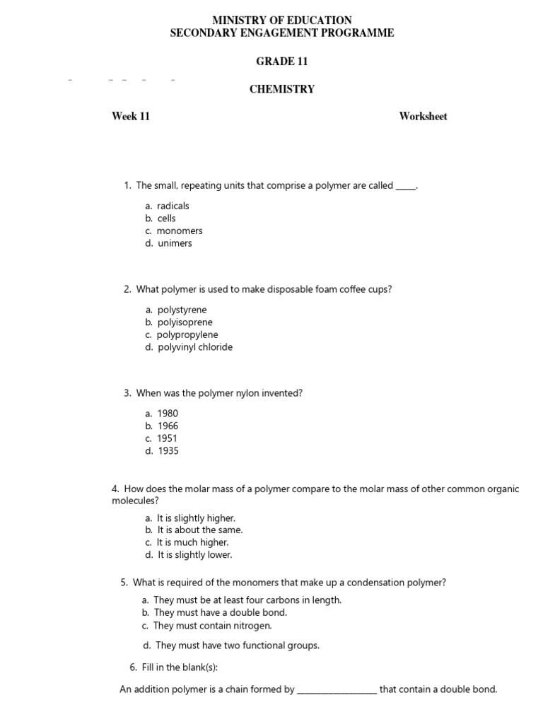 Grade 11 Chemistry Week 11 Lesson 1 Worksheet 1 and Solutions | PDF ...