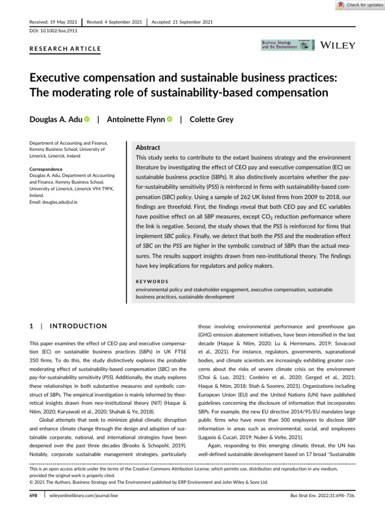 Bus Strat Env - 2021 - Adu - Executive Compensation and Sustainable Business Practices The ...