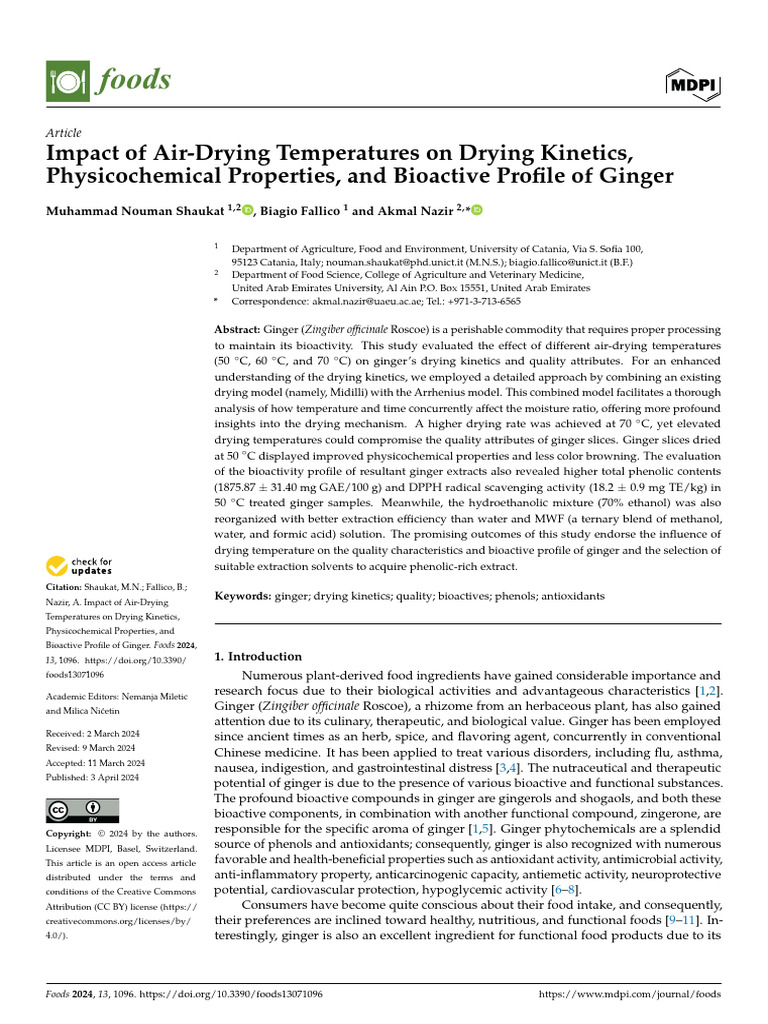 Impact Of Air Drying Temperatures On Drying Kinetics Physicochemical