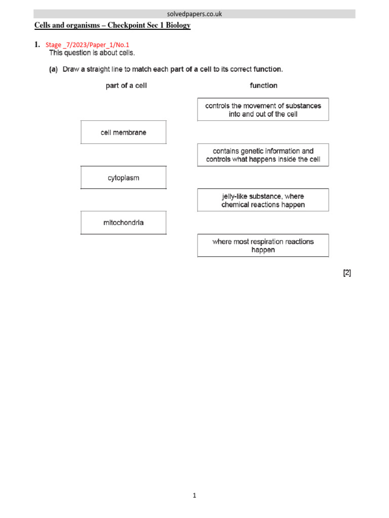 2023 2 Cells and Organisms Checkpoint - Sec - 1 - Progression Stage 7 | PDF
