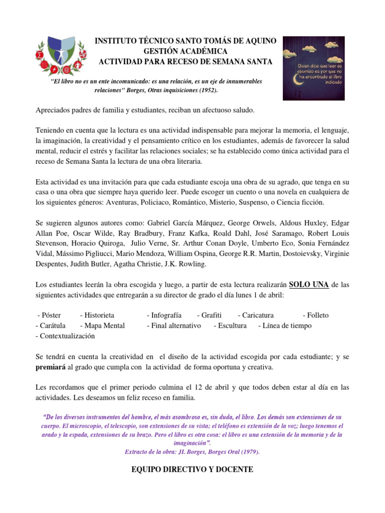 Actividad Lectura Semana Santa - Circular A Padres de Familia y ...