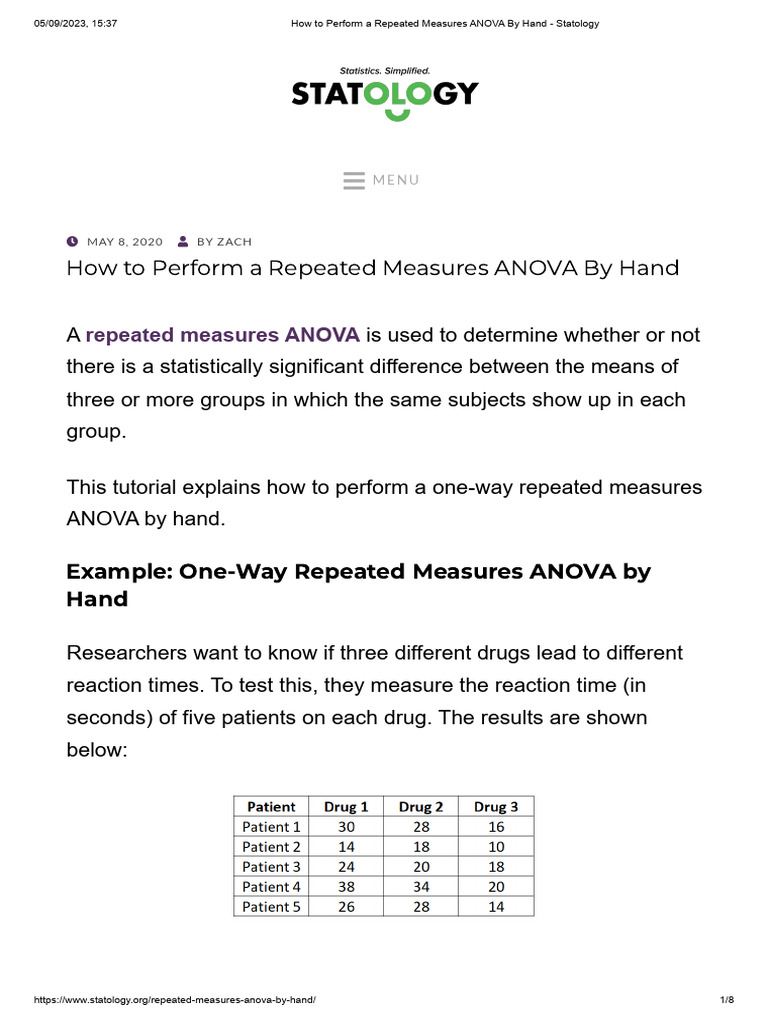 How To Perform A Repeated Measures ANOVA by Hand - Statology | Download Free PDF | Analysis Of ...