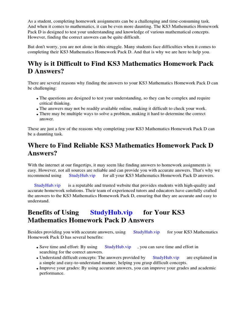 Ks3 Mathematics Homework Pack D Answers | PDF | Worksheet | Homework