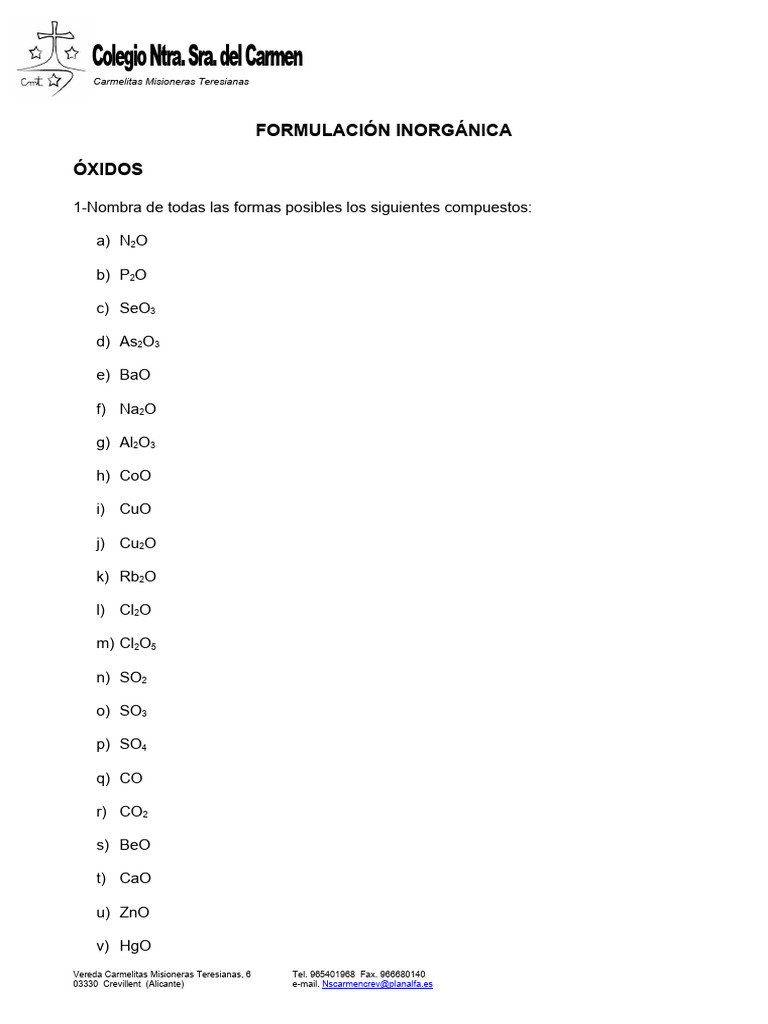 ejercicios FORMULACIÓN INORGÁNICA (1) | PDF | Hidróxido | Ácido