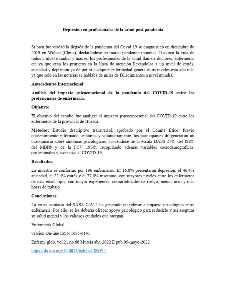 Depresión en Profesionales de La Salud Post Pandemia | PDF | Trastorno ...