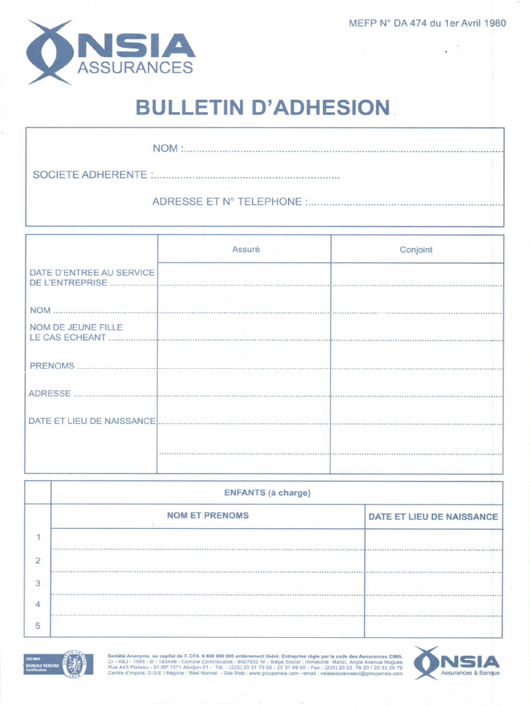 Bulletin D'adhesion Santé | PDF