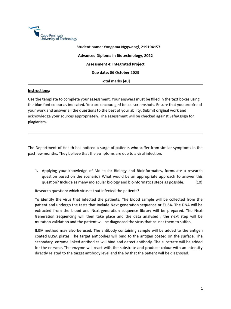 Bioinformatics Assignment 4 Download Free Pdf Dna Sequencing Elisa 